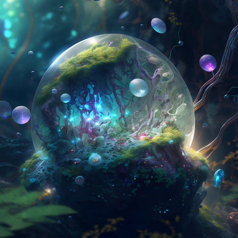 Fantasy Landscape with Planets, Trees and Bubbles. 3d Render Stock Illustration - Illustration ...