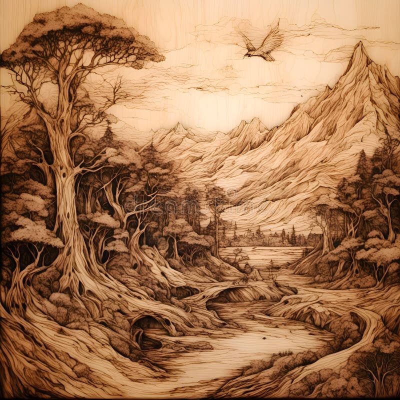 Fantasy Landscape in Pyrography Style, with Mountains, Trees and a ...
