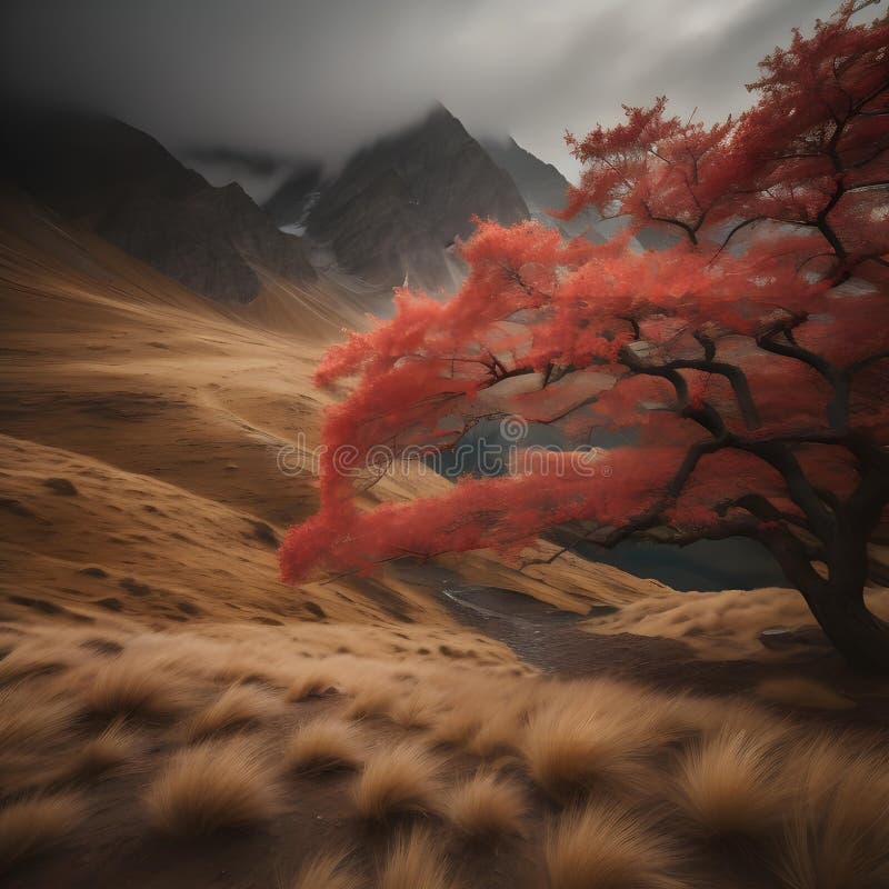Fantasy Landscape with Red Autumn Trees and Dry Grass, Generative Ai ...