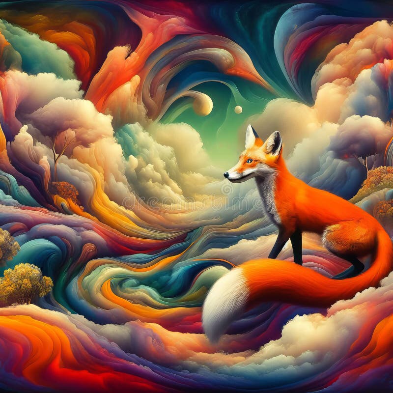 Fantasy Landscape with Red Fox in the Sky. Stock Illustration ...