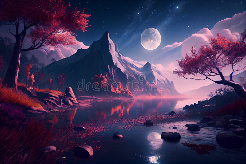 Fantasy Landscape of a Red Magical World with Mountains and a River. AI ...