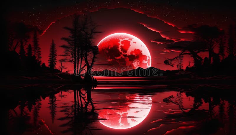 Fantasy Landscape with Red Planet and Forest on the Lake. Vector ...