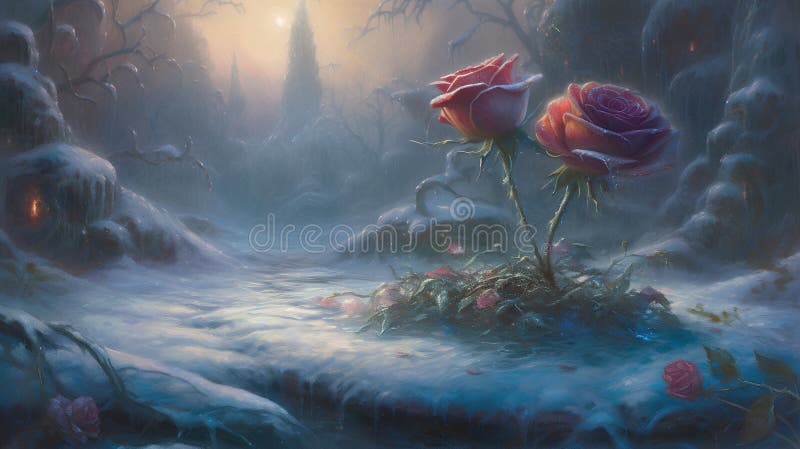 Fantasy Landscape with Red Roses in the Forest. Digital Painting Stock ...
