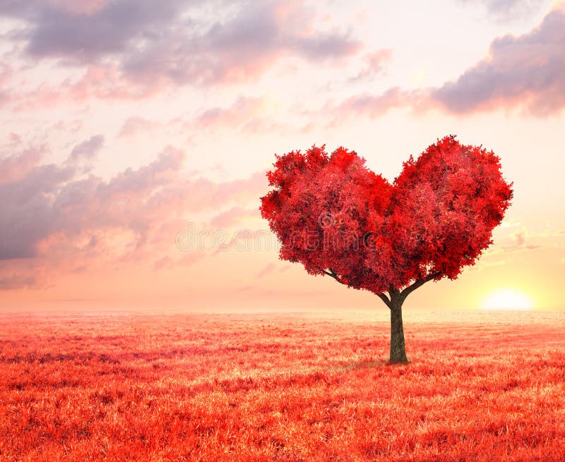 Fantasy Landscape with Red Tree in Shape of Heart Stock Image - Image ...