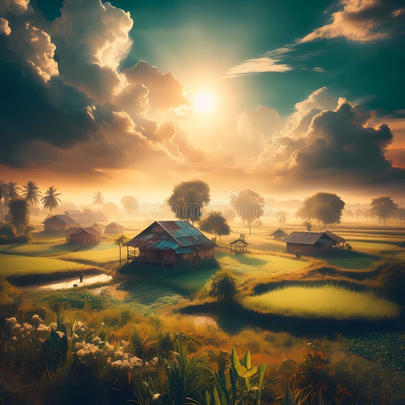Fantasy Landscape with Rice Fields and a Hut . 3d Rendering Stock ...