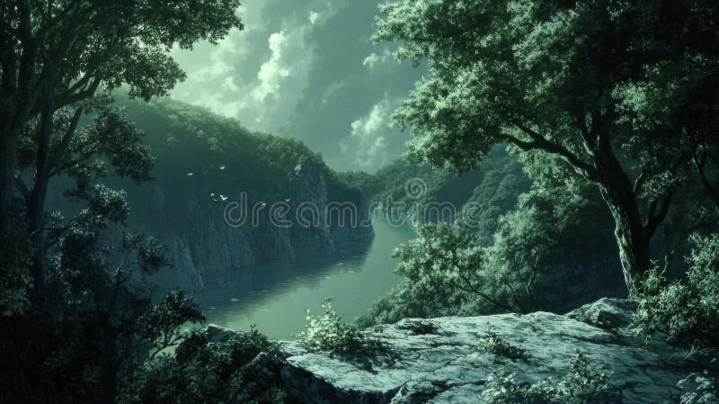 Fantasy Landscape with a River Flowing through the Forest. 3d Render ...