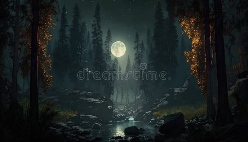 Fantasy Landscape with a River and a Full Moon in the Forest Stock ...