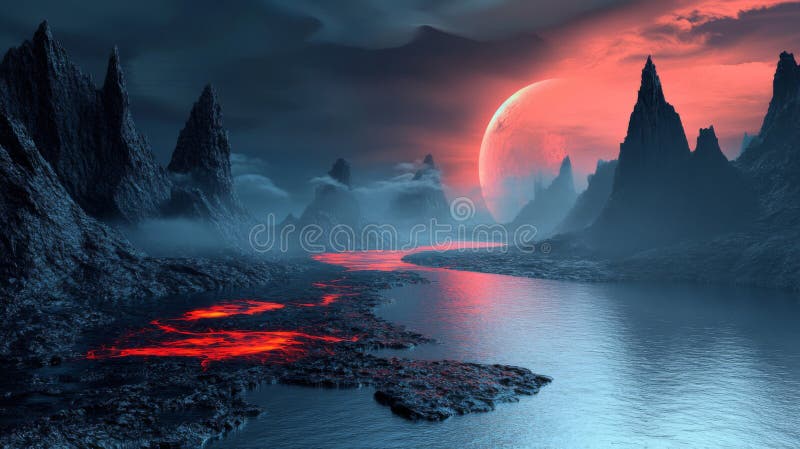 Fantasy Landscape with a River of Lava and Mountain Peaks Under Moonlit ...