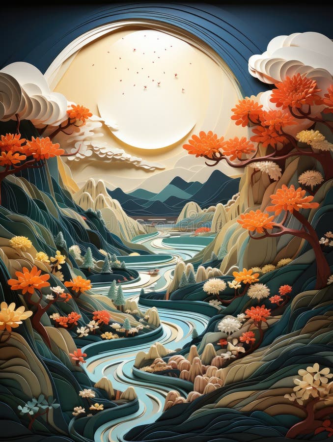 3d Illustration of Fantasy Landscape with River, Moon and Clouds. Stock ...