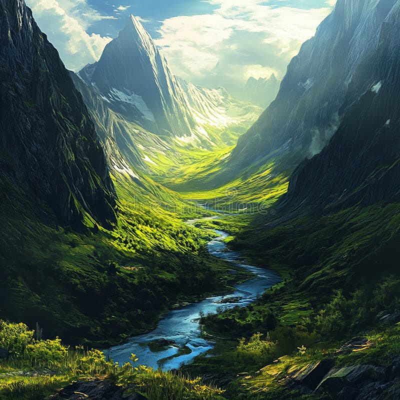Fantasy Landscape with a River and Mountains. 3D Rendering Stock ...