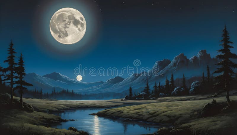 Fantasy Landscape with River and Mountains at Night in the Moonlight ...