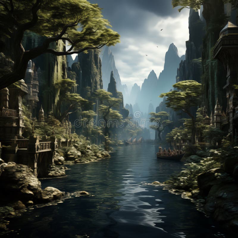 Fantasy Landscape with River, Mystical Cliffs, and Boat. Suitable for ...