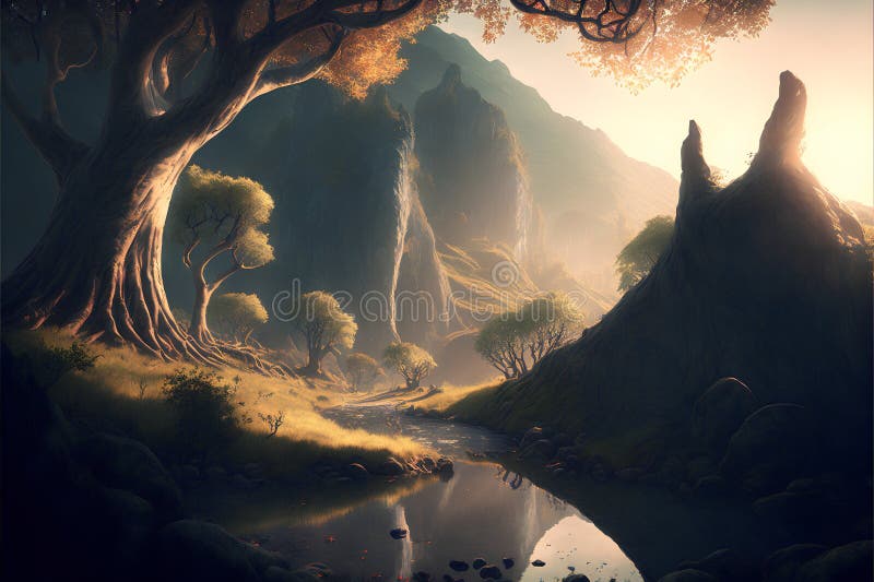 Fantasy Landscape with River and Old Trees. 3D Illustration Stock ...