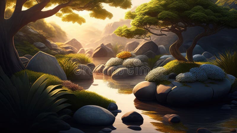 Fantasy Landscape with River and Trees. 3d Render Illustration Stock ...