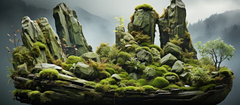 Fantasy Landscape with Rocks, Trees and Moss Stock Illustration ...