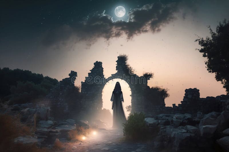 Fantasy Landscape with Ruins and Woman Ghost Stock Illustration ...