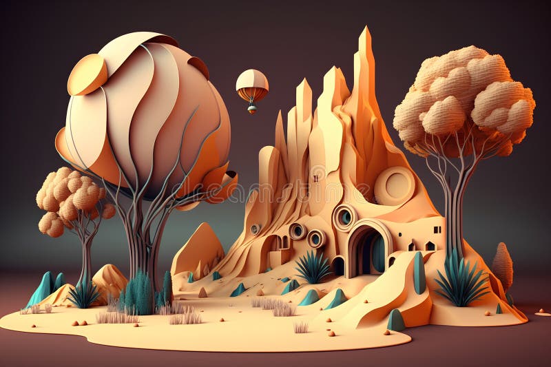 Fantasy Landscape with Sand Castle and Trees. 3d Render Illustration ...