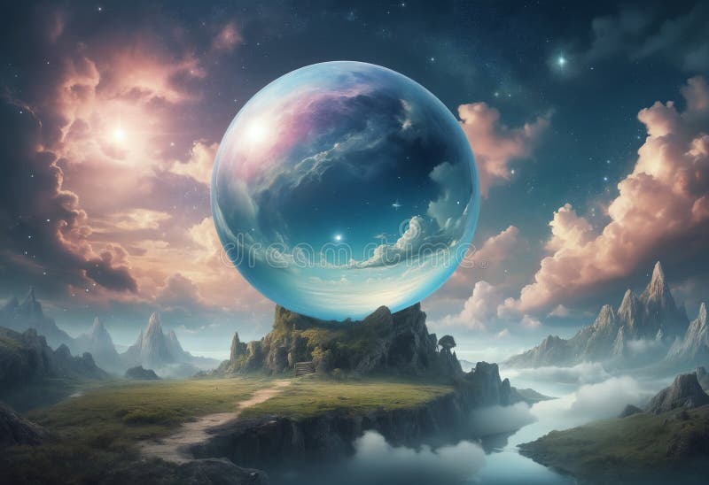 Fantasy Landscape with a Sky Sphere Stock Illustration - Illustration ...