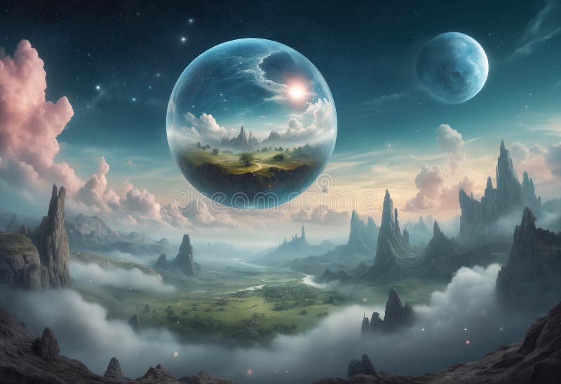 Fantasy Landscape with a Sky Sphere Stock Illustration - Illustration ...