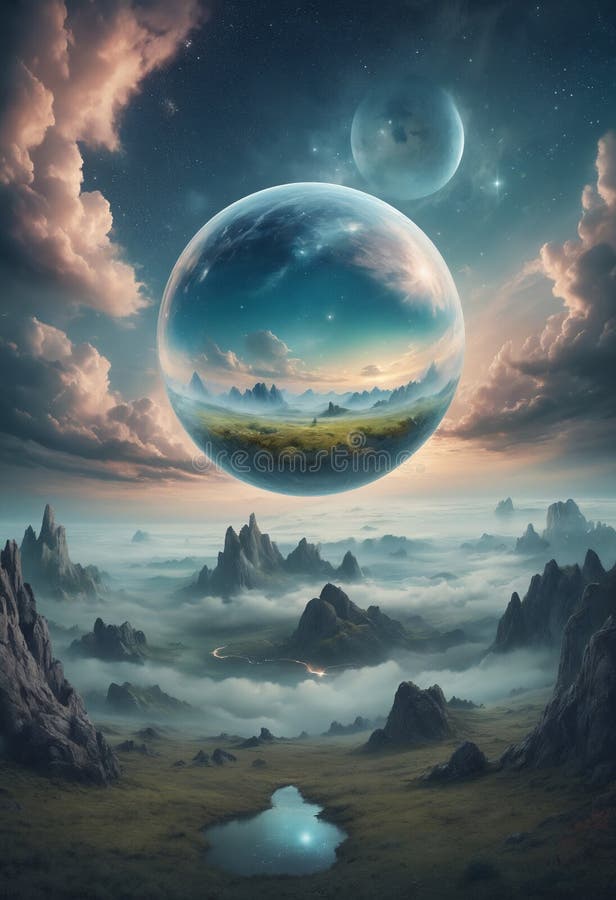 Fantasy Landscape with a Sky Sphere Stock Illustration - Illustration ...