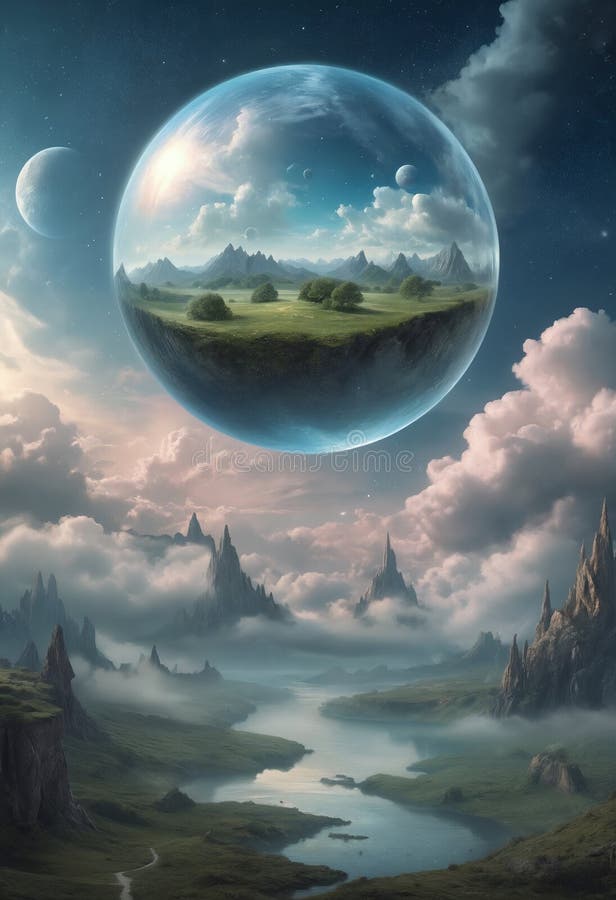 Fantasy Landscape with a Sky Sphere Stock Illustration - Illustration ...