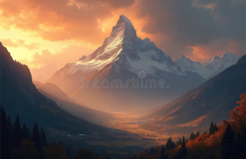 Fantasy Landscape with Snow Mountain Peak at Sunset. Epic Valley View ...