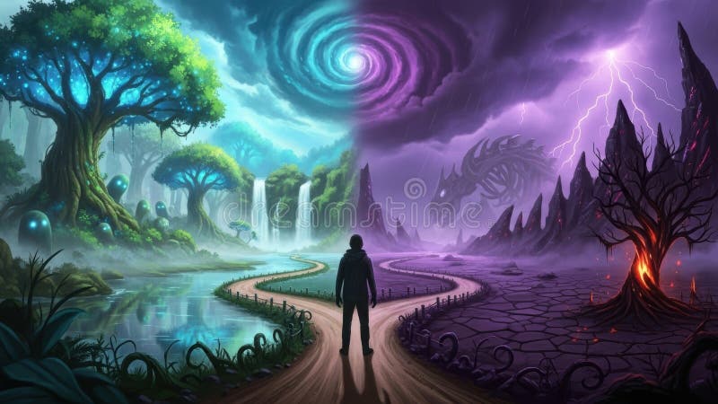 Fantasy Landscape Split between a Lush Paradise and a Dark, Desolate Land. Stock Illustration ...