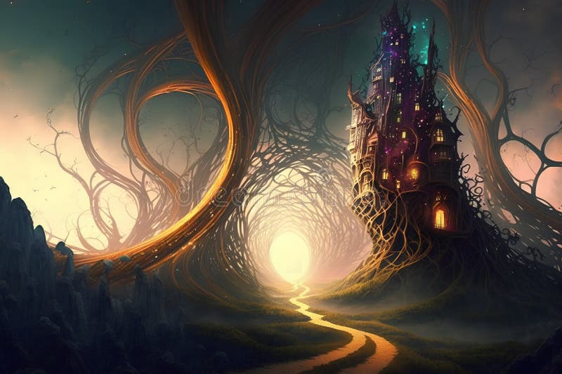 Fantasy Landscape with Spooky Castle and Magical Tree Roots at Night ...