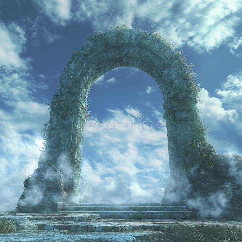 Fantasy Landscape with a Stone Arch in the Sky. 3d Rendering Stock ...