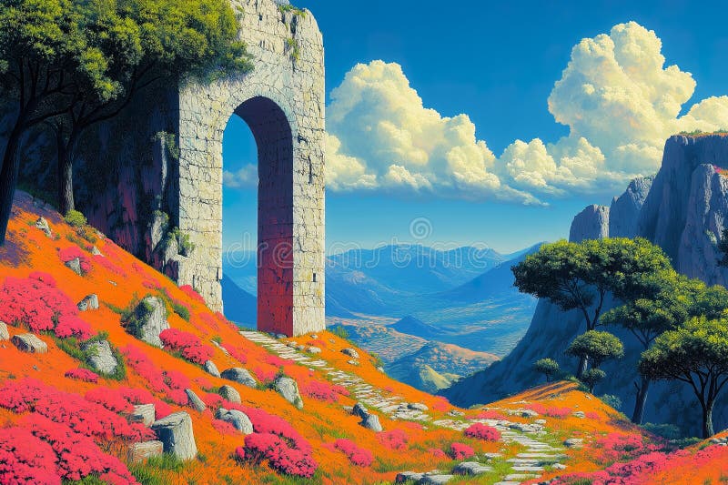 Fantasy Landscape with Stone Gate. Stock Illustration - Illustration of ...