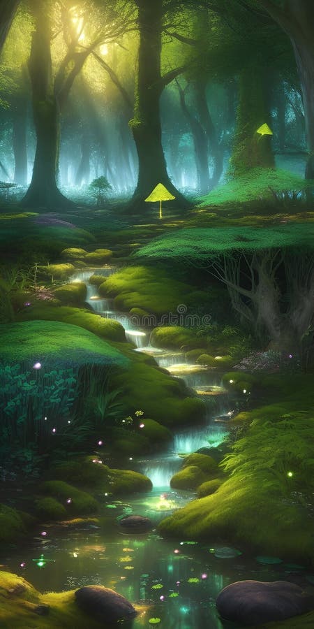 Fantasy Landscape with a Stream in the Forest at Night. Stock ...