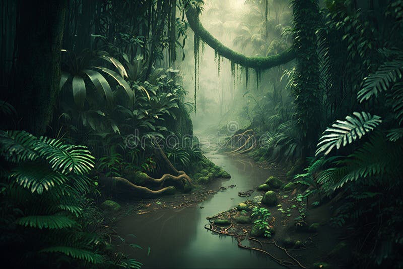 Fantasy Landscape with a Stream in the Jungle. 3d Render Stock ...
