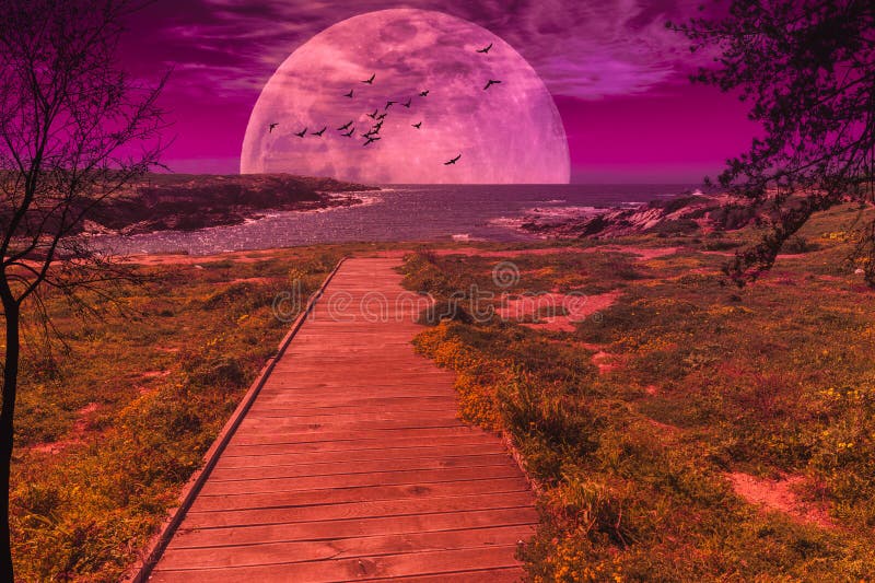 Fantasy Landscape at Sunset with Super Moon Stock Image - Image of ...