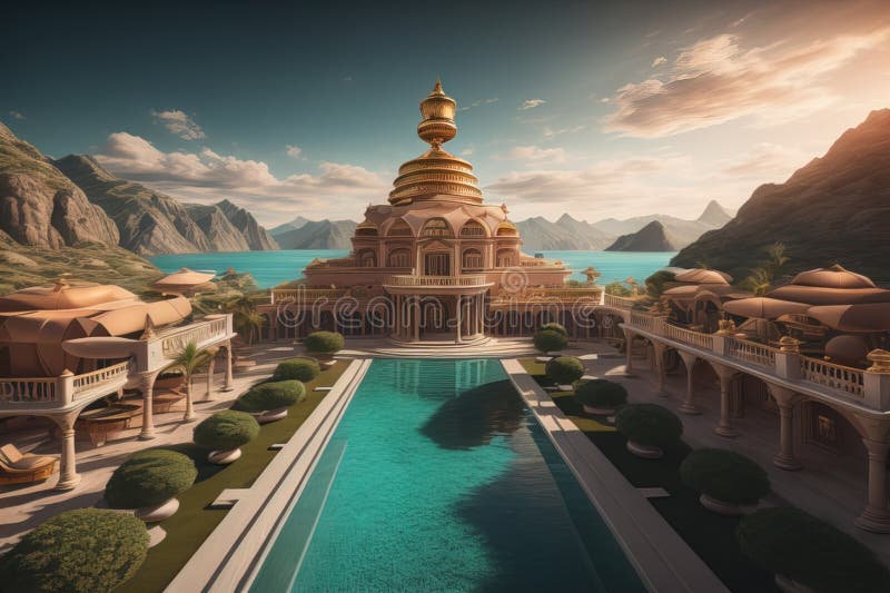 A Fantasy Landscape with a Temple and a Pool. Generative Ai Stock ...