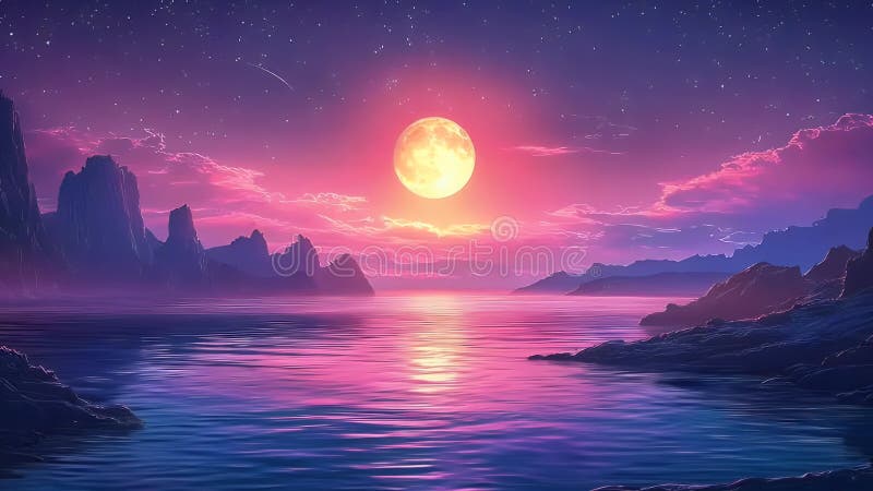 Fantasy Landscape with Towering Cliffs and a Glowing Moon in the ...
