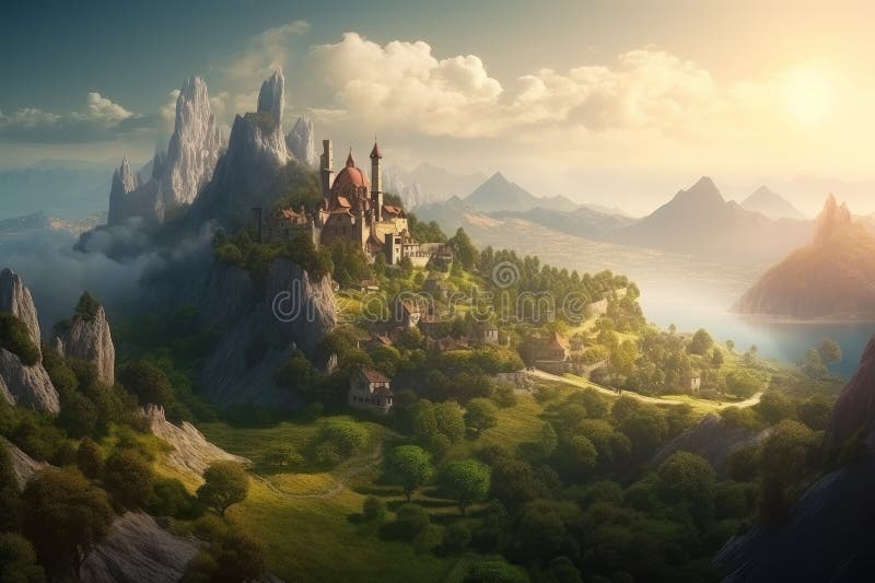 Fantasy Landscape Town Castle. Generate Ai Stock Illustration ...