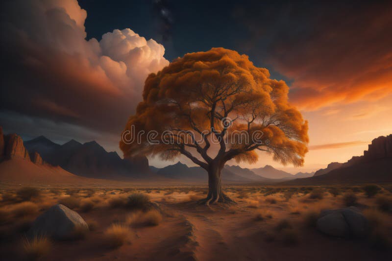 Fantasy Landscape with a Tree in the Desert. Generative Ai Stock ...