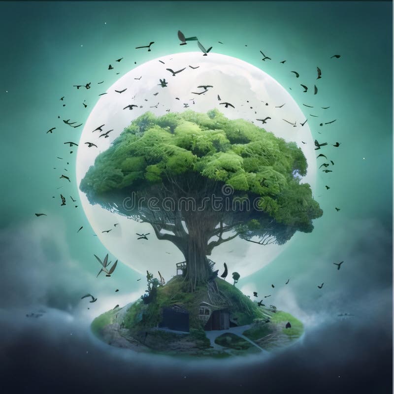 Fantasy Landscape with a Tree and Flying Birds. 3d Rendering Stock ...
