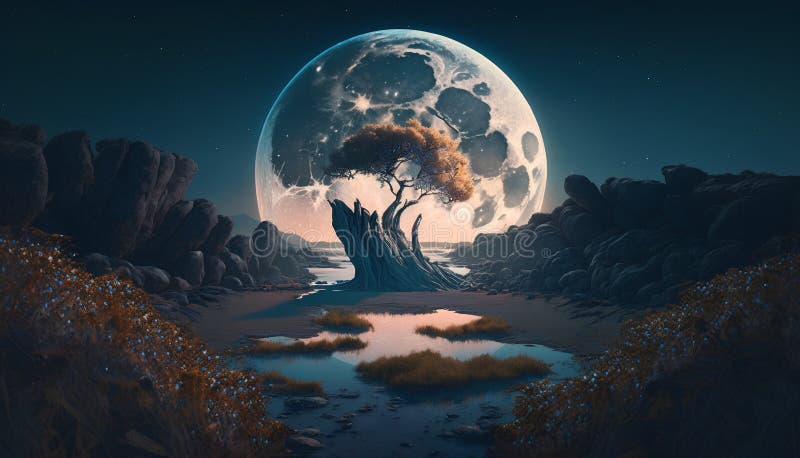 Fantasy Landscape with a Tree and a Full Moon. 3d Rendering Stock ...