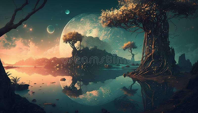 Fantasy Landscape with Fantasy Tree and Moon. 3d Illustration Stock ...