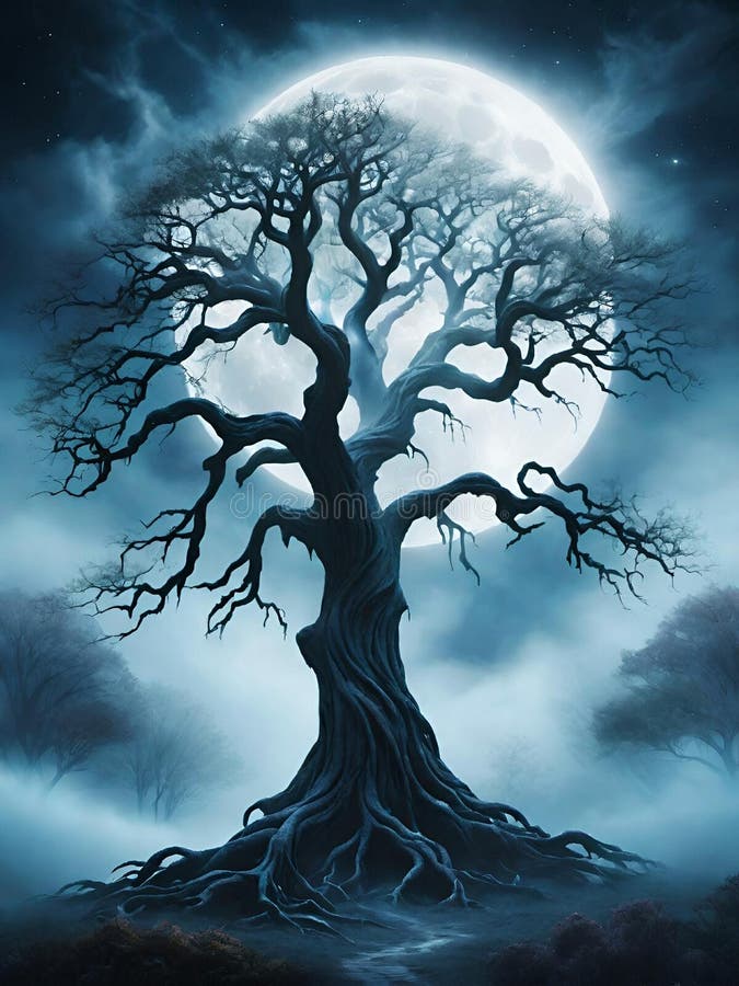 Fantasy Landscape of a Tree with Moon and a Tree, Illustration Stock ...