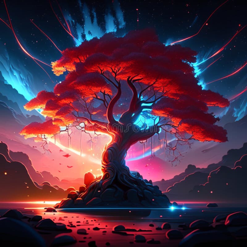 Fantasy Landscape with Tree in the Ocean. Vector Cartoon Illustration ...