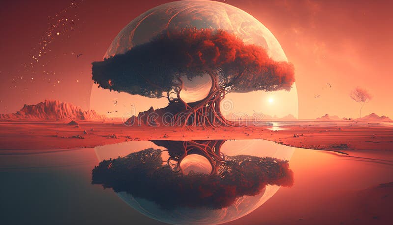 Fantasy Landscape with Tree and Planet. 3d Render Illustration Stock ...
