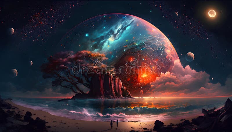 Fantasy Landscape with Tree and Planet. 3d Render Illustration Stock ...
