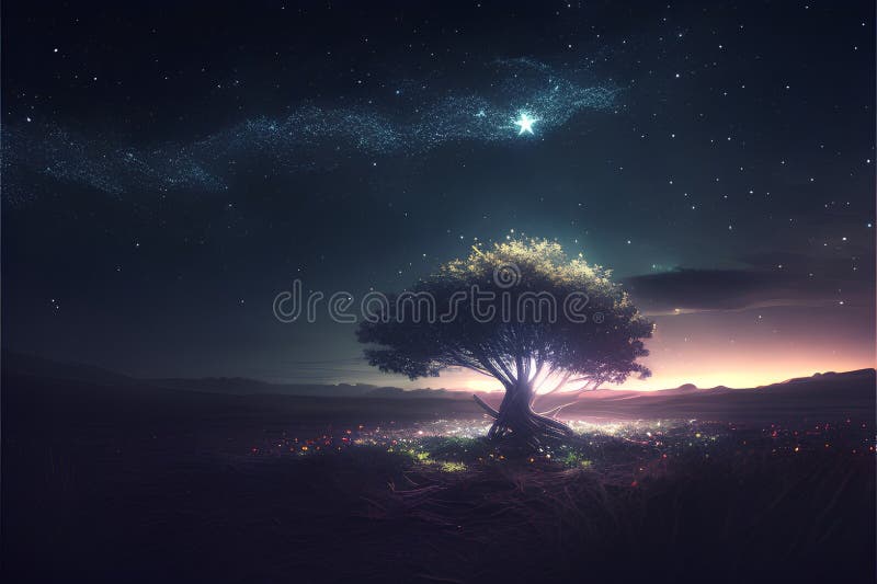 Fantasy Landscape with Tree and Starry Sky. Vector Illustration Stock ...