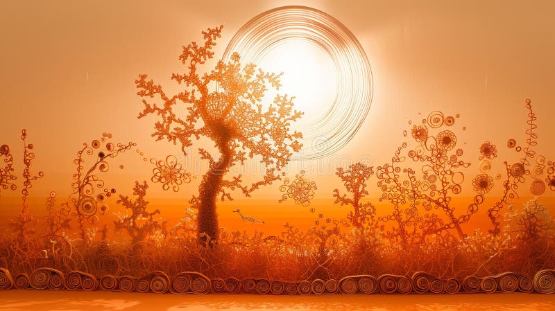 Fantasy Landscape with Tree and Sun. 3d Render Illustration. Stock ...