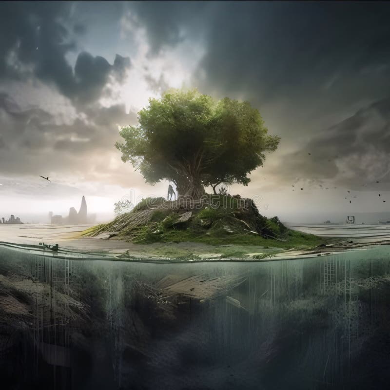 Fantasy Landscape with a Tree on Top of a Rock in the Sea Stock ...