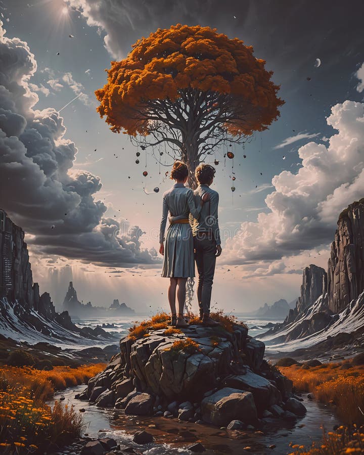 Two People Standing on a Rock with a Tree on it Stock Illustration ...