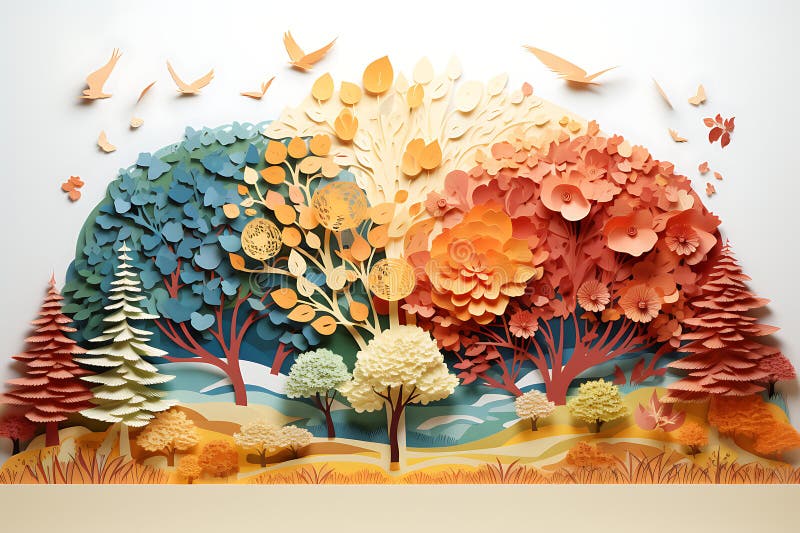 Fantasy Landscape with Trees and Clouds in Paper Cut Style. 3d ...