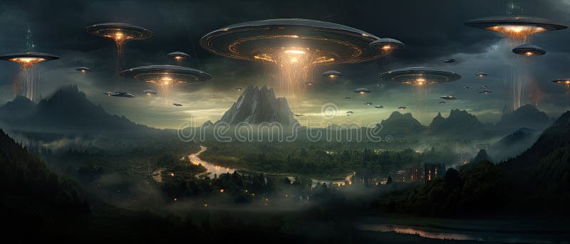 Fantasy Landscape with UFO Flying Over the Planet Stock Illustration ...